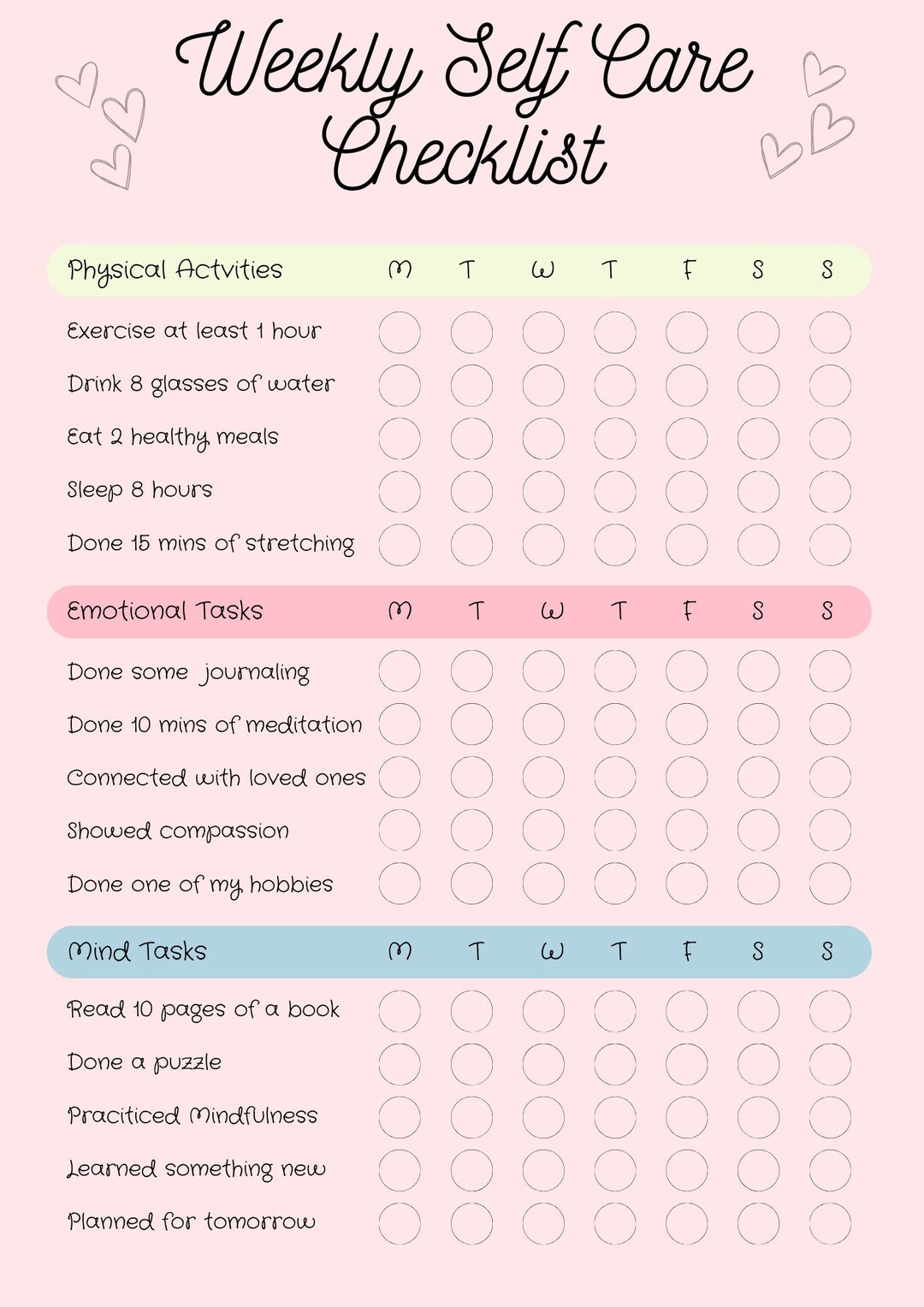 Weekly Self Care Checklist | Printable Self Care Planner | Physical ...