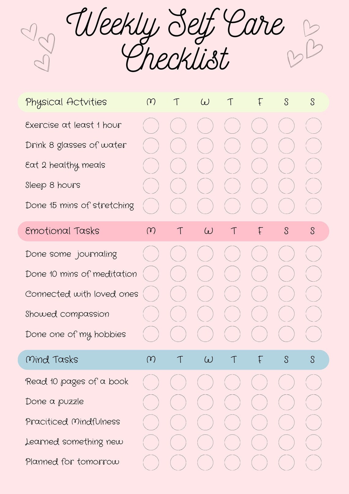 Weekly Self Care Checklist | Printable Self Care Planner | Physical ...