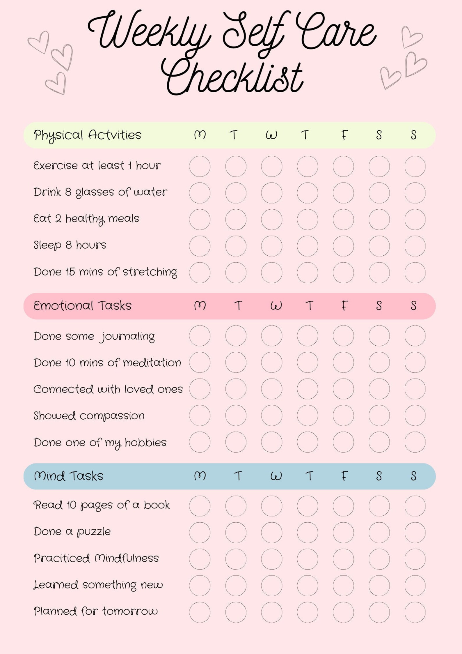Weekly Self Care Checklist | Printable Self Care Planner | Physical ...
