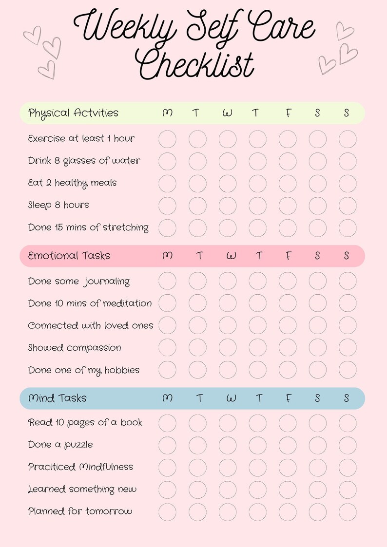 Weekly Self Care Checklist | Printable Self Care Planner | Physical ...