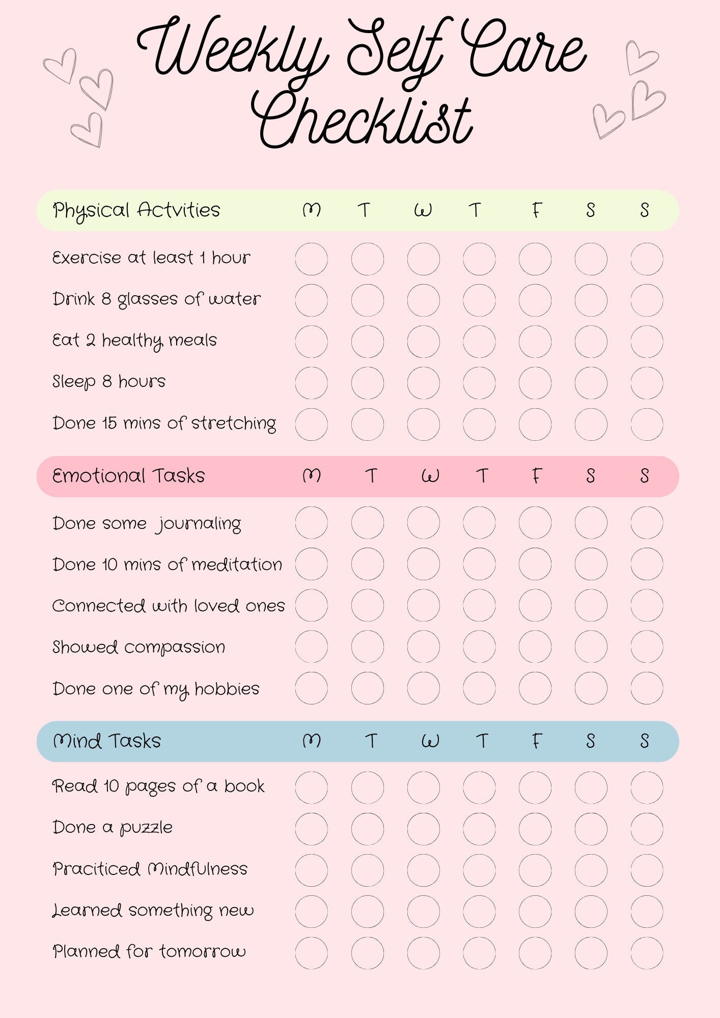 Weekly Self Care Checklist | Printable Self Care Planner | Physical ...
