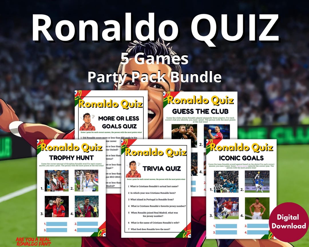 Ronaldo Football Quiz Bundle Printable Party Games Soccer Trivia for ...
