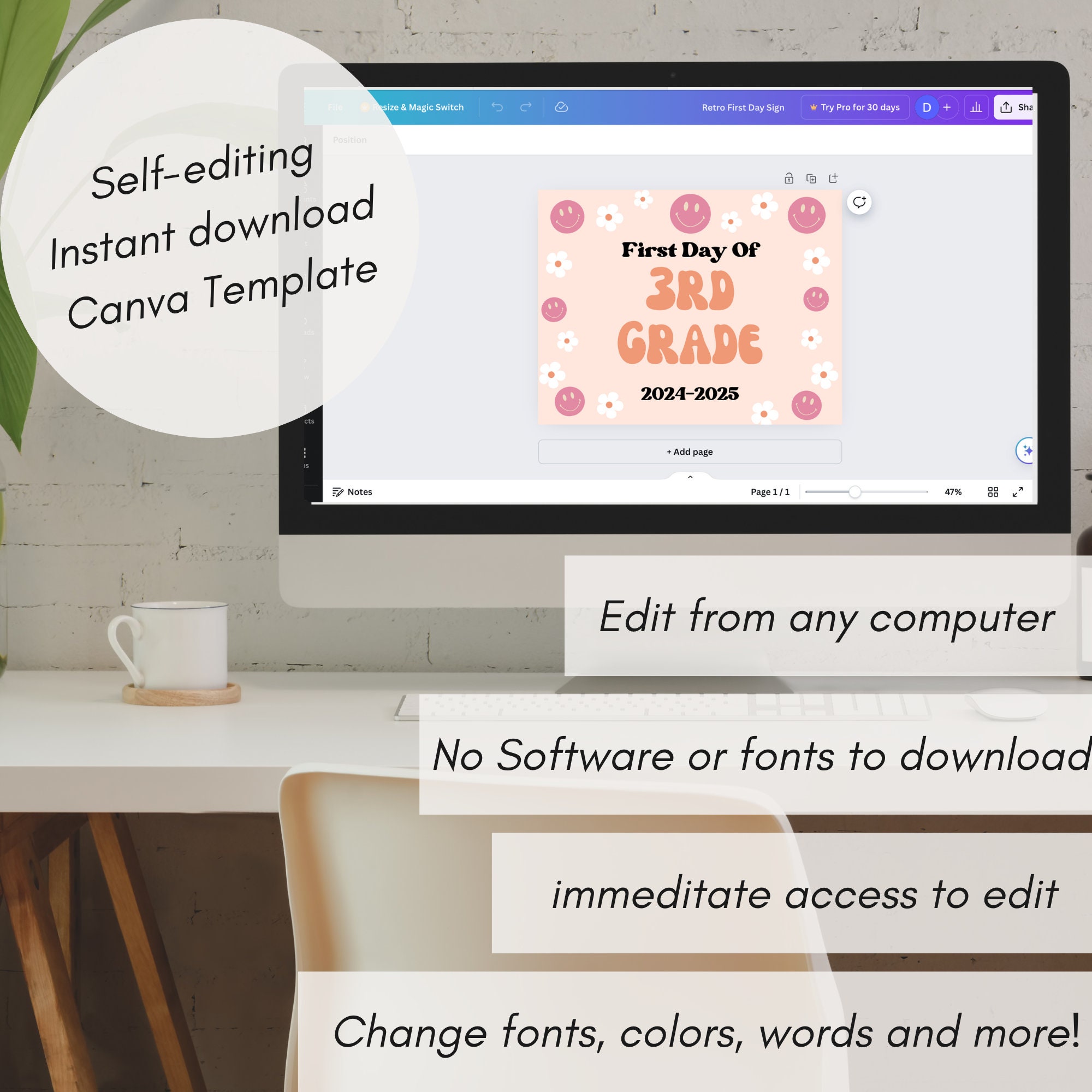 Retro First Day of School Sign Instant Download, Editable Template - Etsy