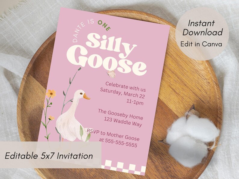Silly Goose First Birthday Invitation for Girls | Editable Canva ...