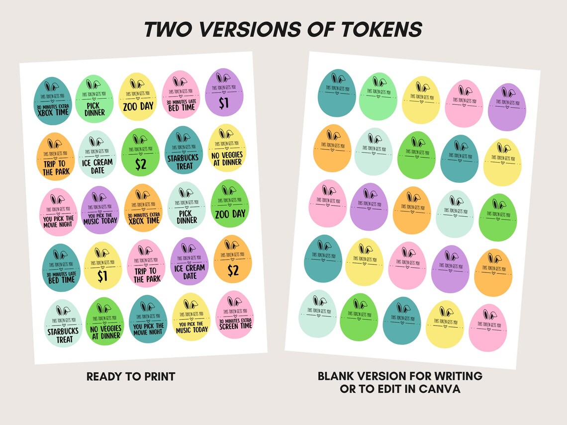 Printable Pastel Bunny Ear Easter Tokens | Easter Egg Hunt | Instant ...