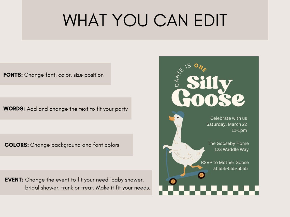 Silly Goose First Birthday Invitation | Editable Canva Template ...