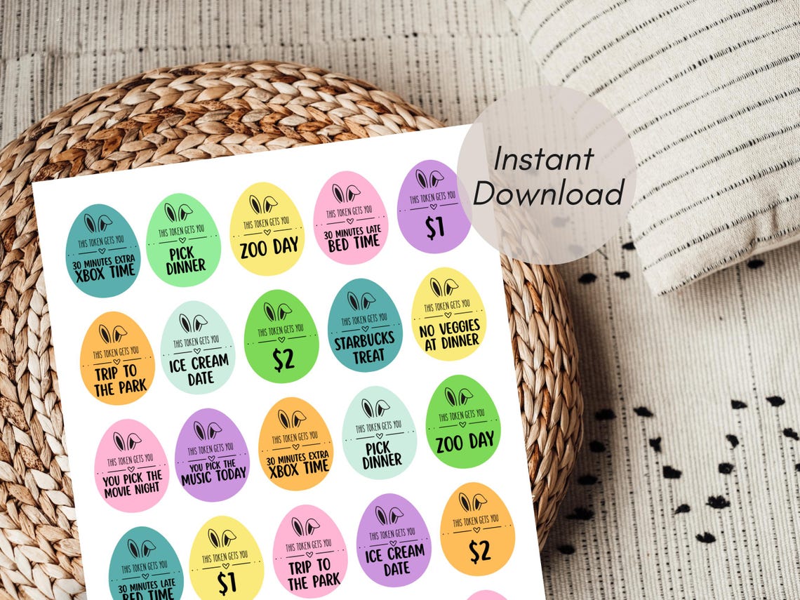 Printable Pastel Bunny Ear Easter Tokens | Easter Egg Hunt | Instant ...