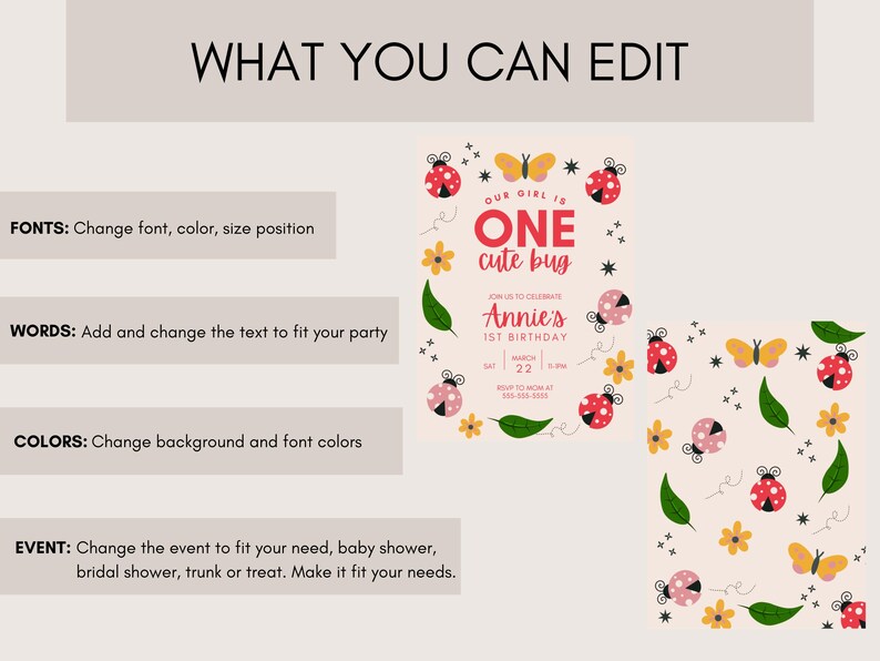 One Cute Bug Birthday Invitation | Editable Canva Template | Instant ...