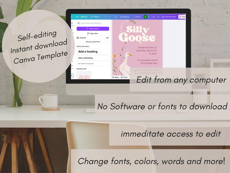 Silly Goose First Birthday Invitation for Girls | Editable Canva ...
