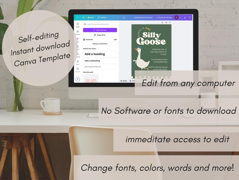 Silly Goose First Birthday Invitation | Editable Canva Template ...