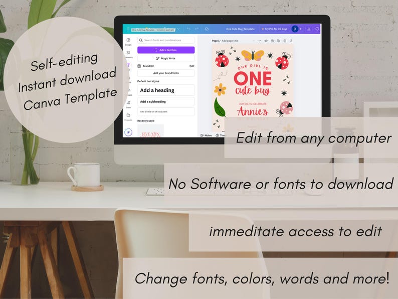 One Cute Bug Birthday Invitation Editable Canva Template Instant ...