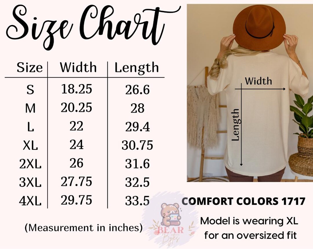Comfort Colors Back Size Chart, Size Chart for Comfort Colors, Comfort ...