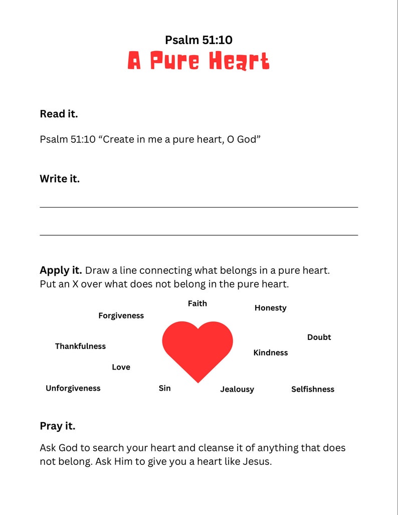 Psalm 51:10 A Pure Heart Worksheet - Etsy