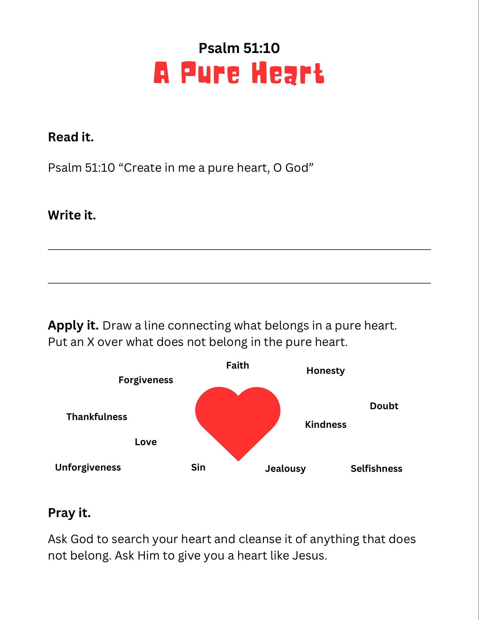 Psalm 51:10 A Pure Heart Worksheet - Etsy