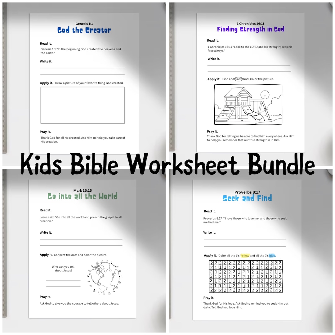 Kids Bible Worksheet Bundle X4 - Etsy