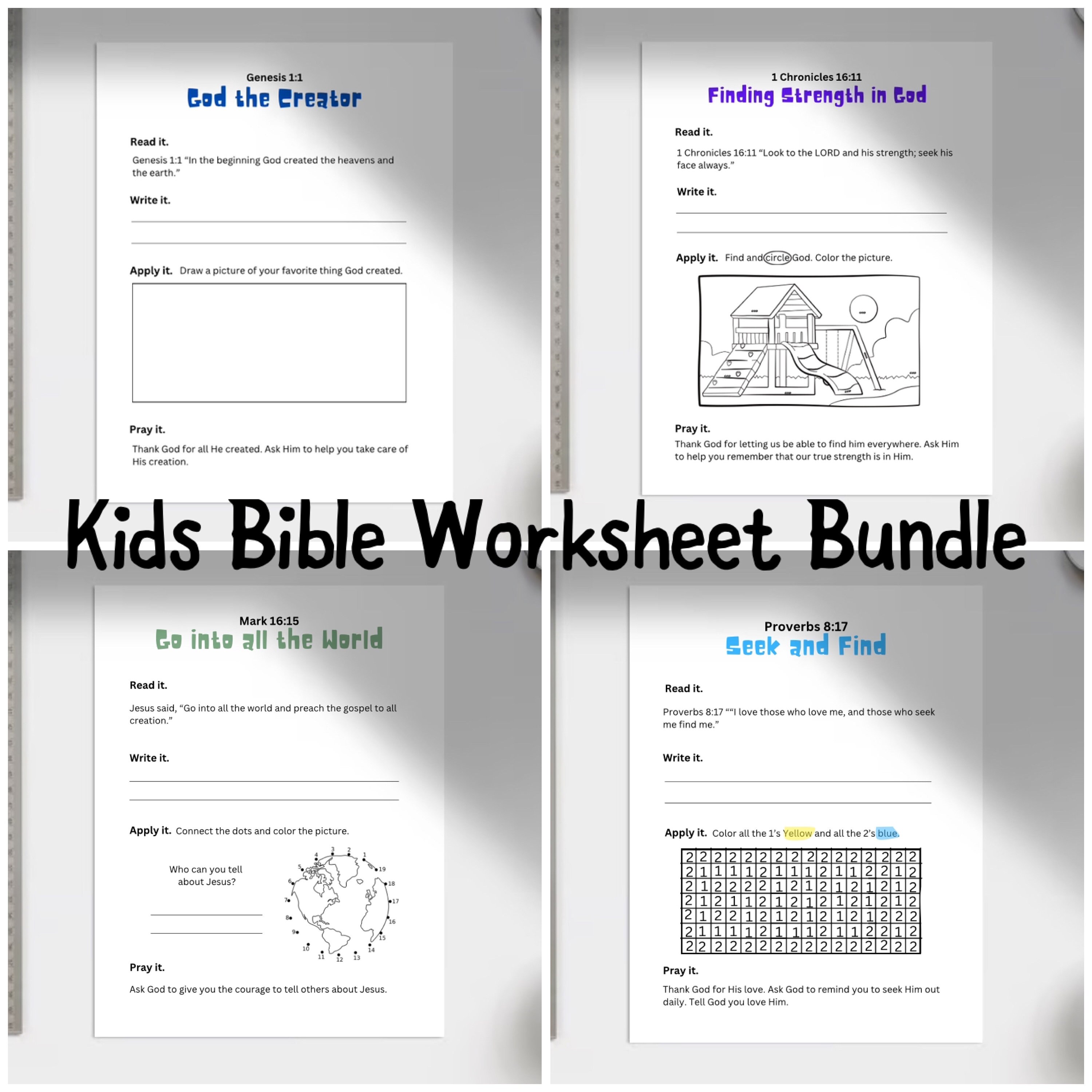 Kids Bible Worksheet Bundle X4 - Etsy