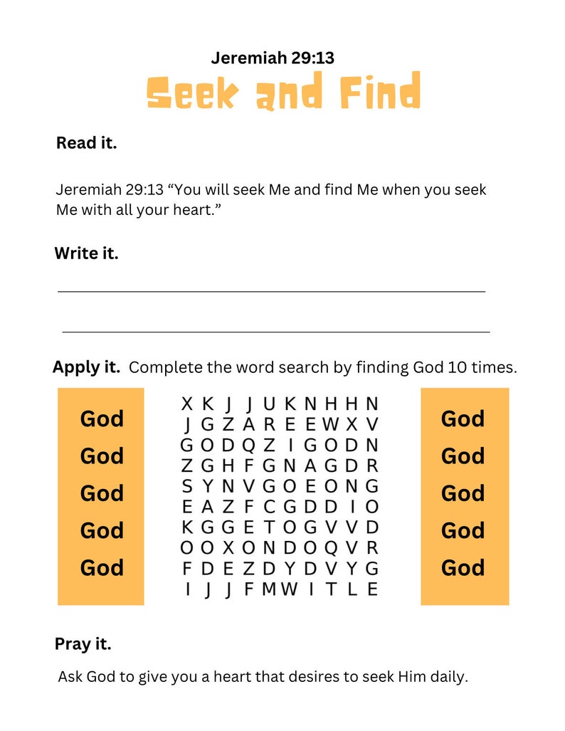 Seek & Find - Jeremiah 29:13 Worksheet - Etsy