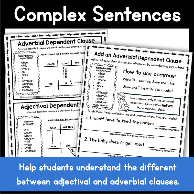 Complex Sentences - Posters and Printable Activities - Subordinating ...