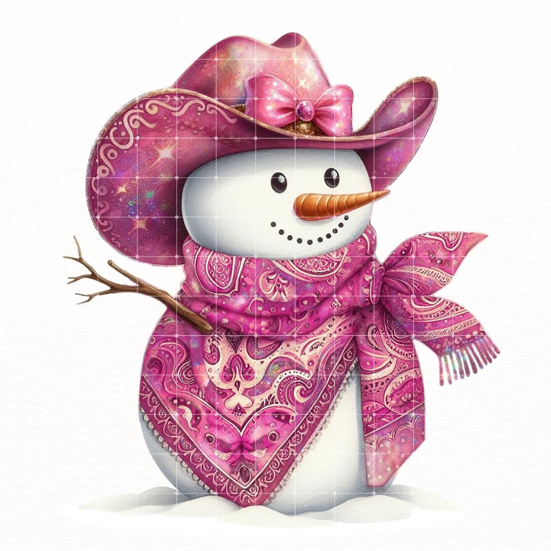 Christmas Western Snowman With Pink Iridescent Cowboy Hat Digital ...