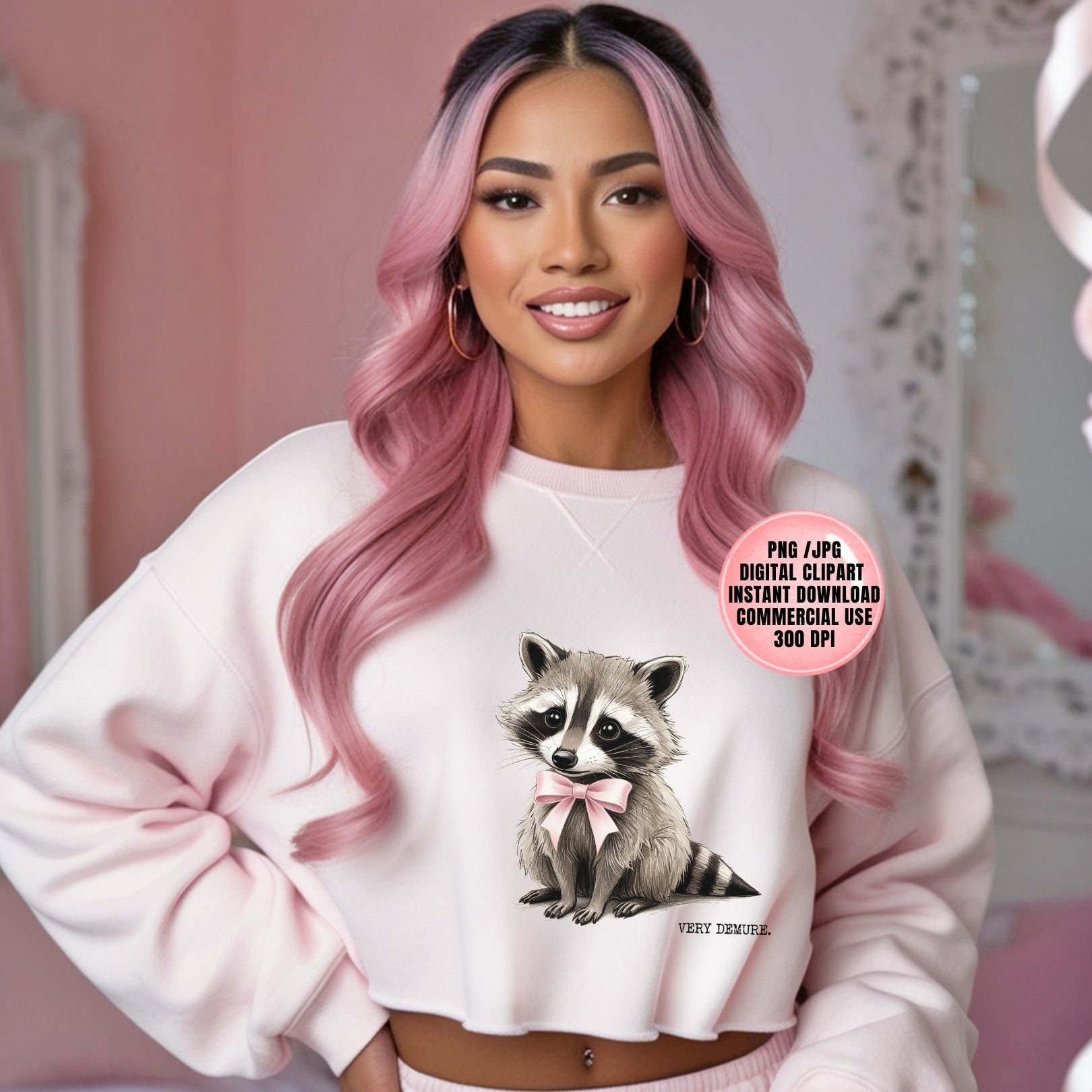 Very Demure Very Mindful PNG Raccoon Pink Bow Cute Illustration Digital ...