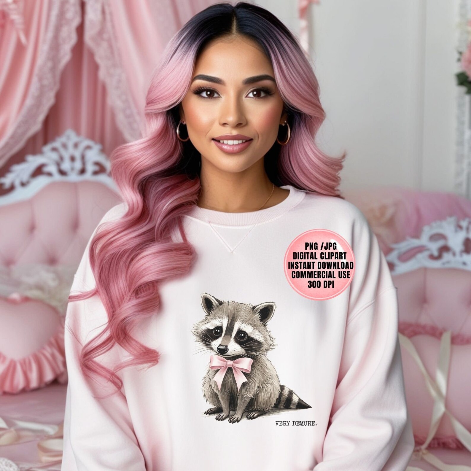 Very Demure Very Mindful PNG Raccoon Pink Bow Cute Illustration Digital ...