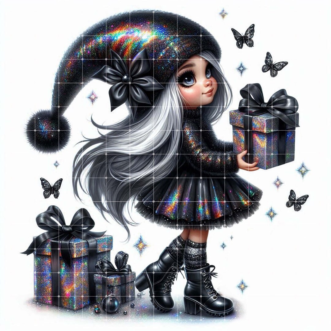 Christmas Gothic Gnome Bow Iridescent Gift Box Digital Clipart High ...