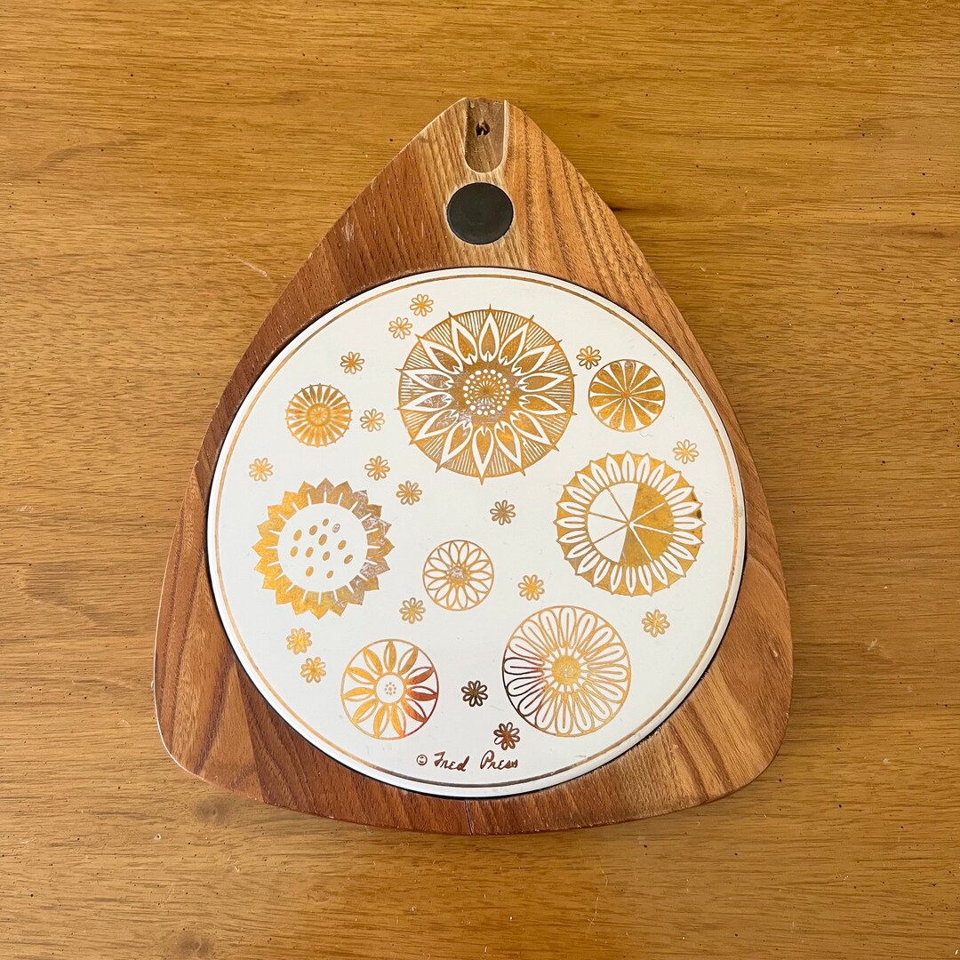 Vintage FRED PRESS Starburst Floral Gold and White Tile Tear Drop Wood ...