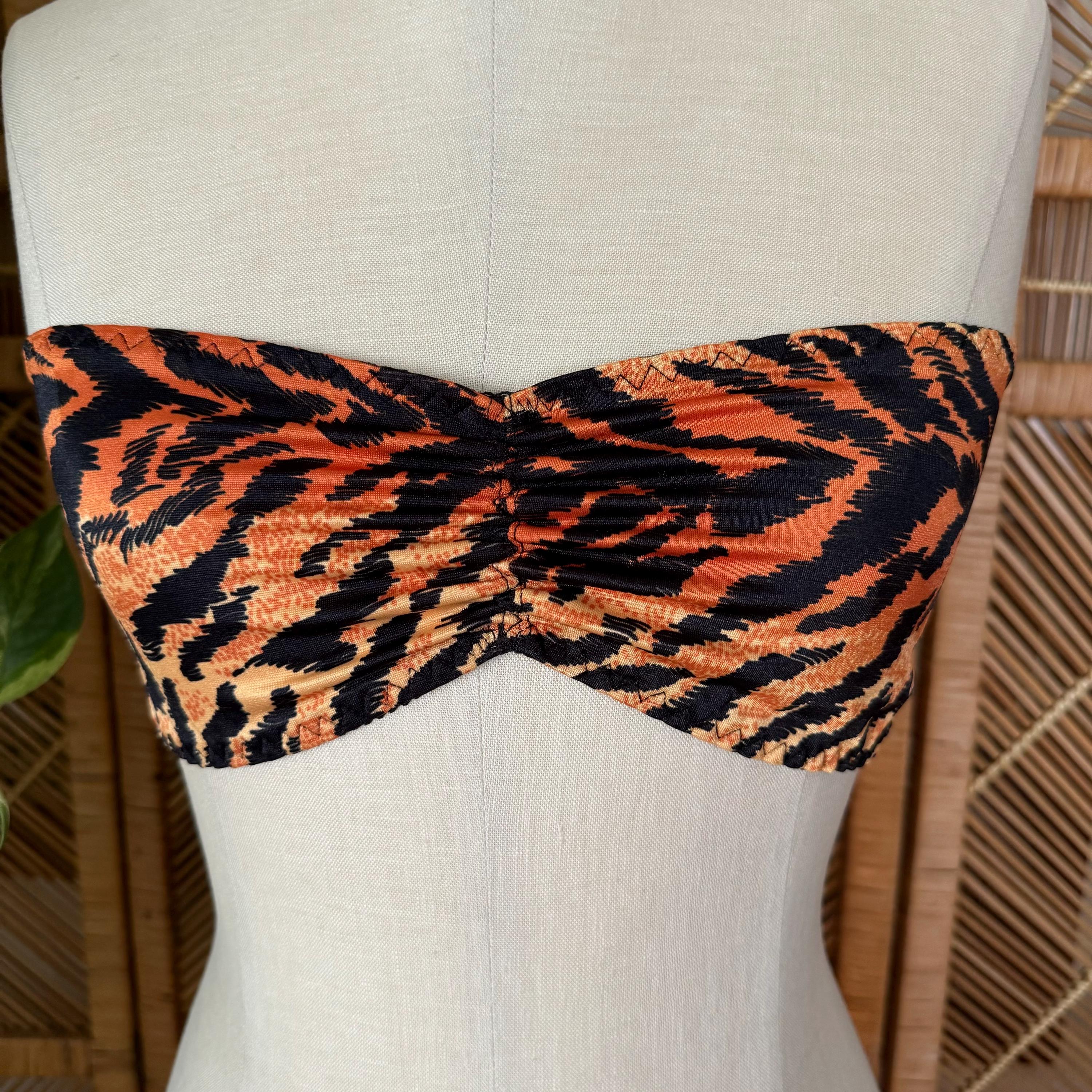 70s Vintage Orange and Black ZEBRA Print Bandeau Bra Top Size XXS to XS ...