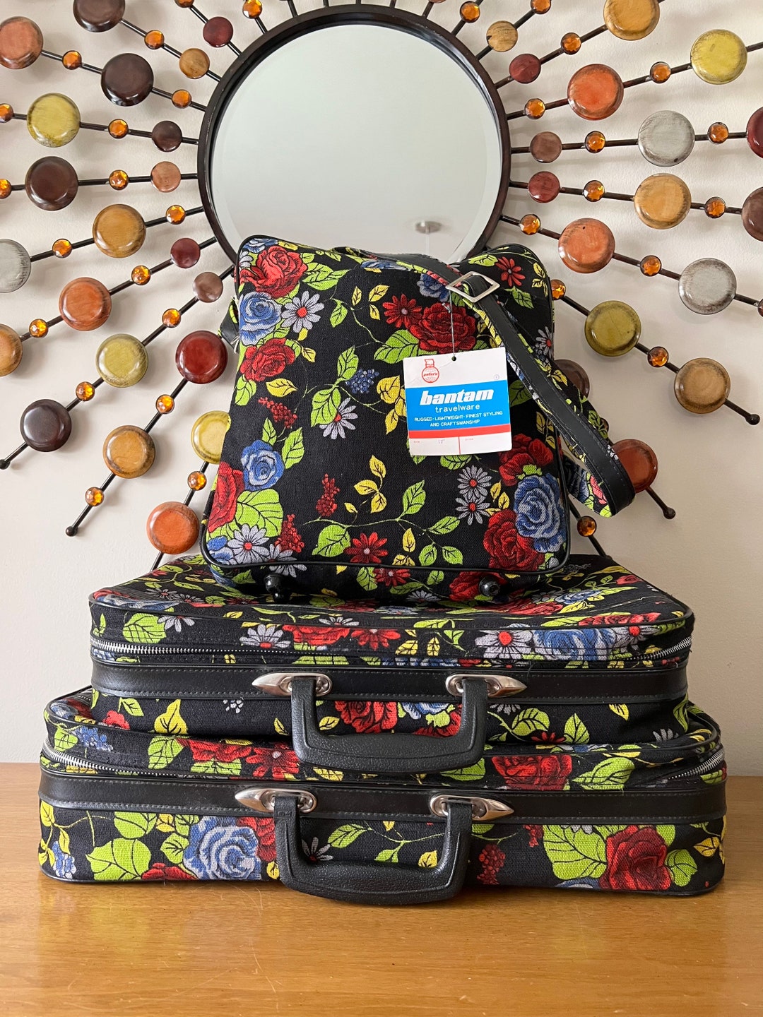 70s Vintage BANTAM Travelware Black Floral Luggage 3 Piece Set New With ...