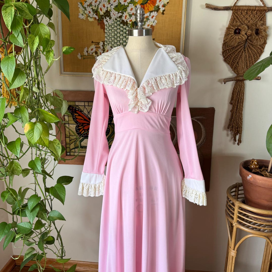 70s Vintage Prairie Pastel Pink Ruffle White Collar Long Sleeve Empire ...