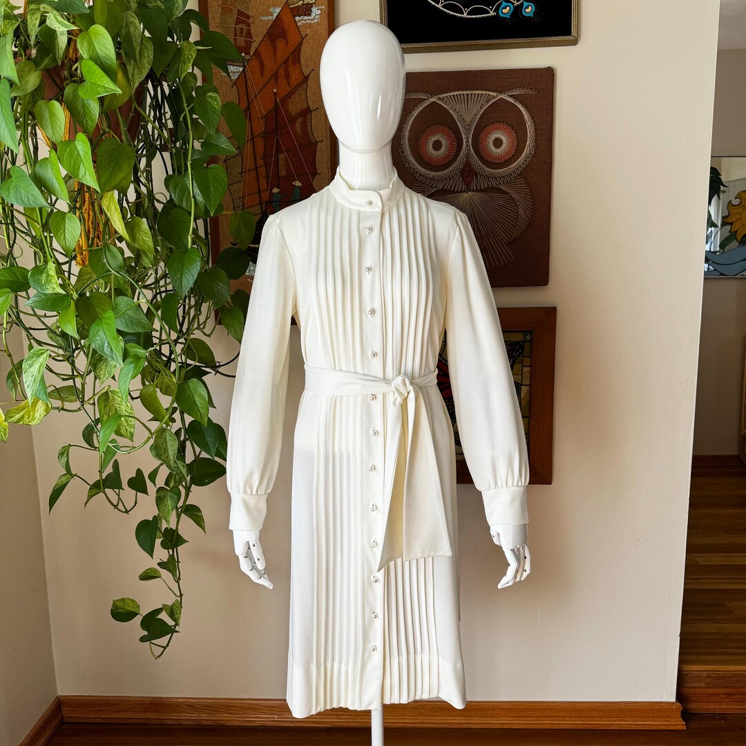 70s Vintage ALISON AYRES Original Cream Pin Tuck Long Sleeve Belted ...