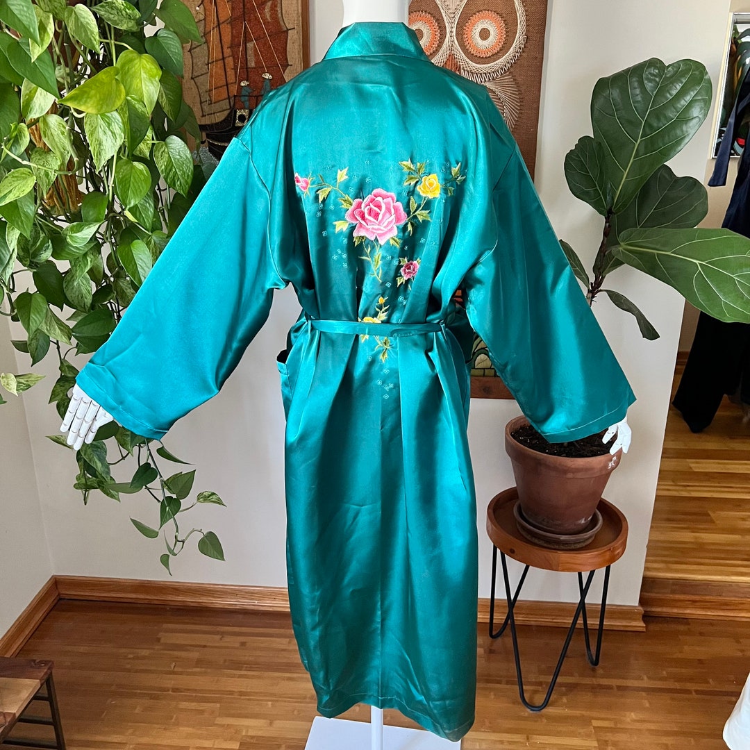 80s Vintage Courtney & Co. Teal Emerald Green Floral Embroidered Asian ...