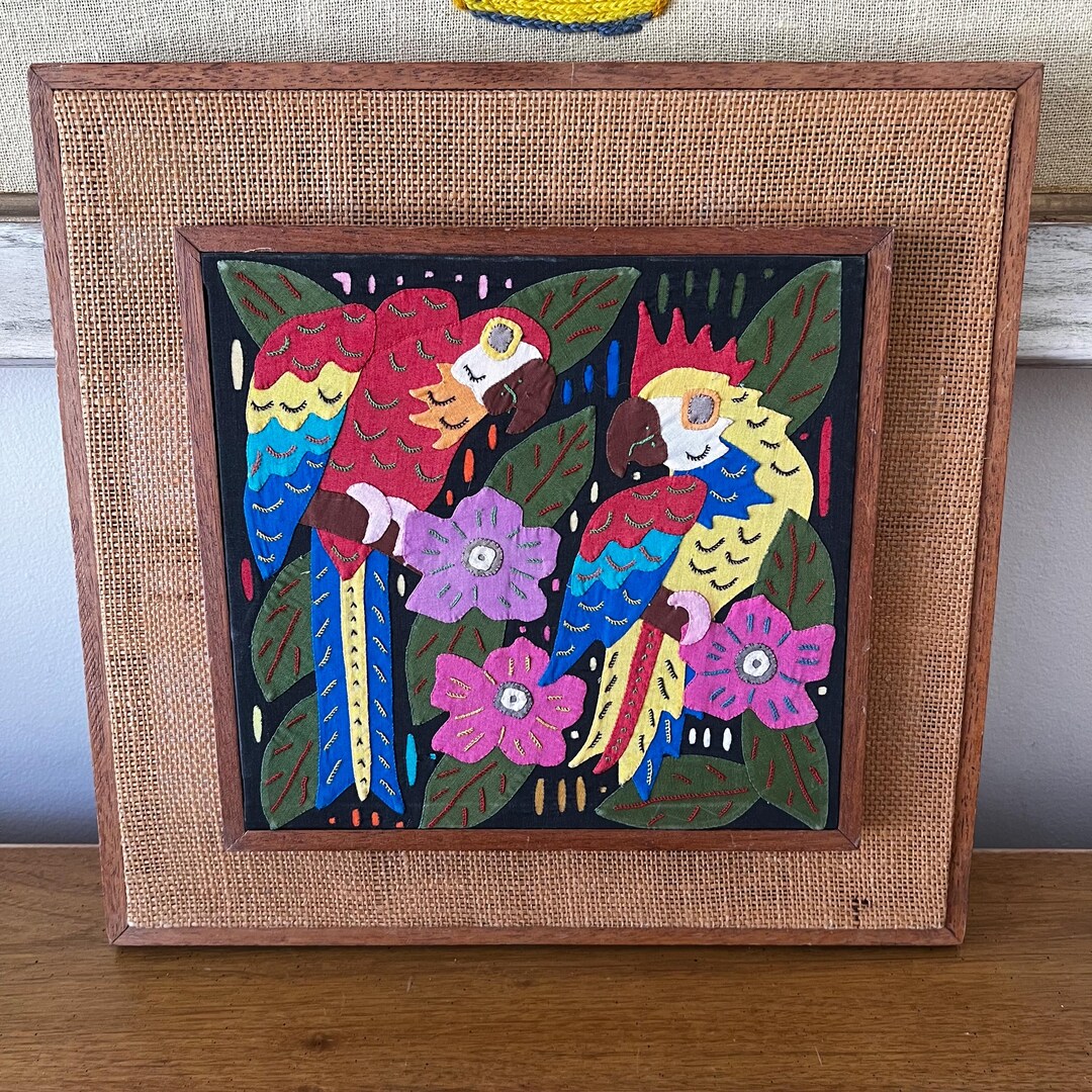 70s 80s Vintage Rainbow Macaw Parrot Embroidered Patchwork Burlap ...