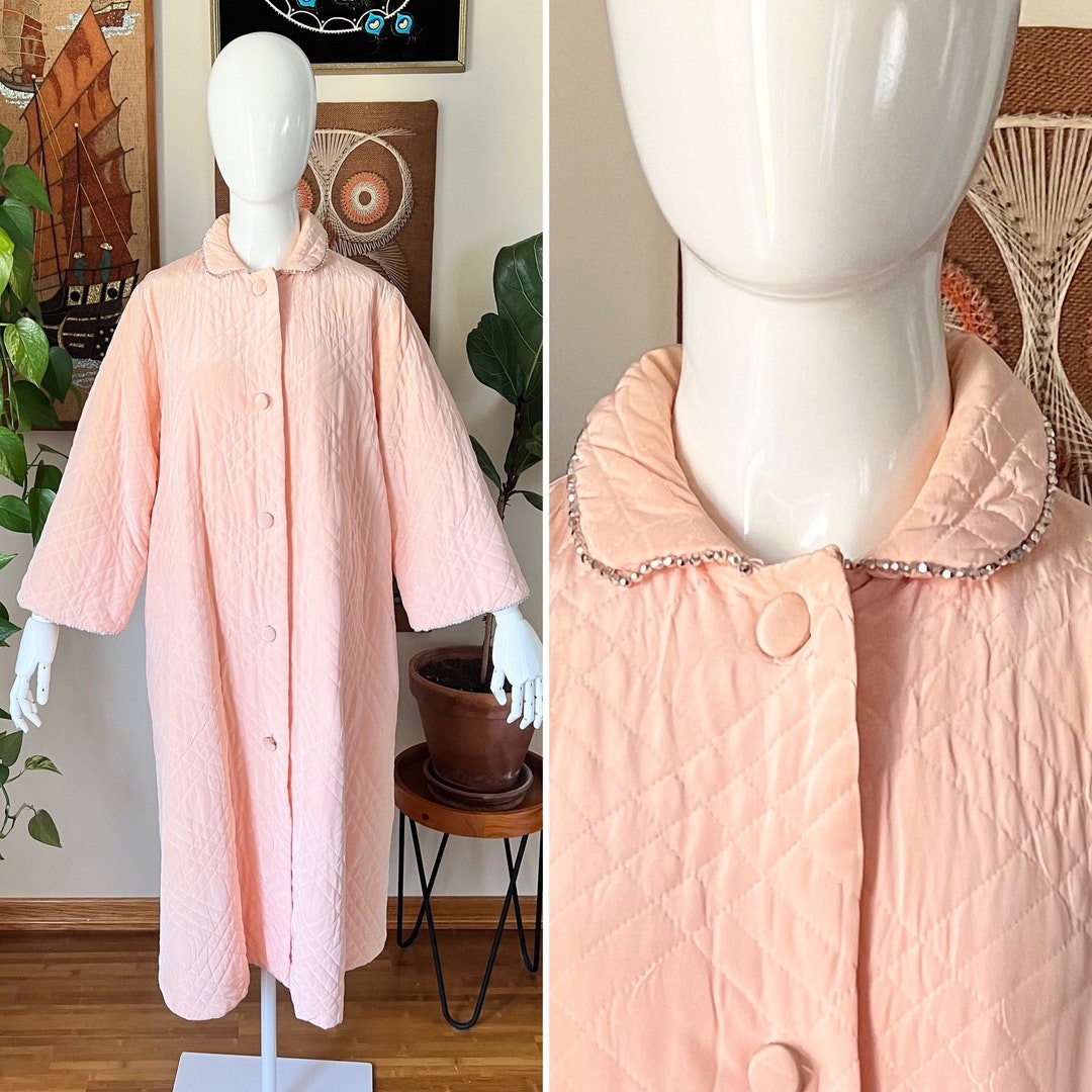 50s Vintage Pink Quilted A-line Robe With Silver Beaded Trim and Peter ...