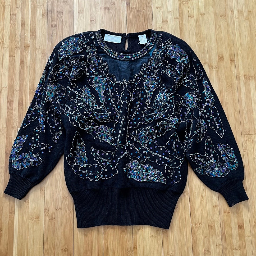 80s Vintage PRISCILLA Black Iridescent Sequin Sheer Neckline Pullover ...
