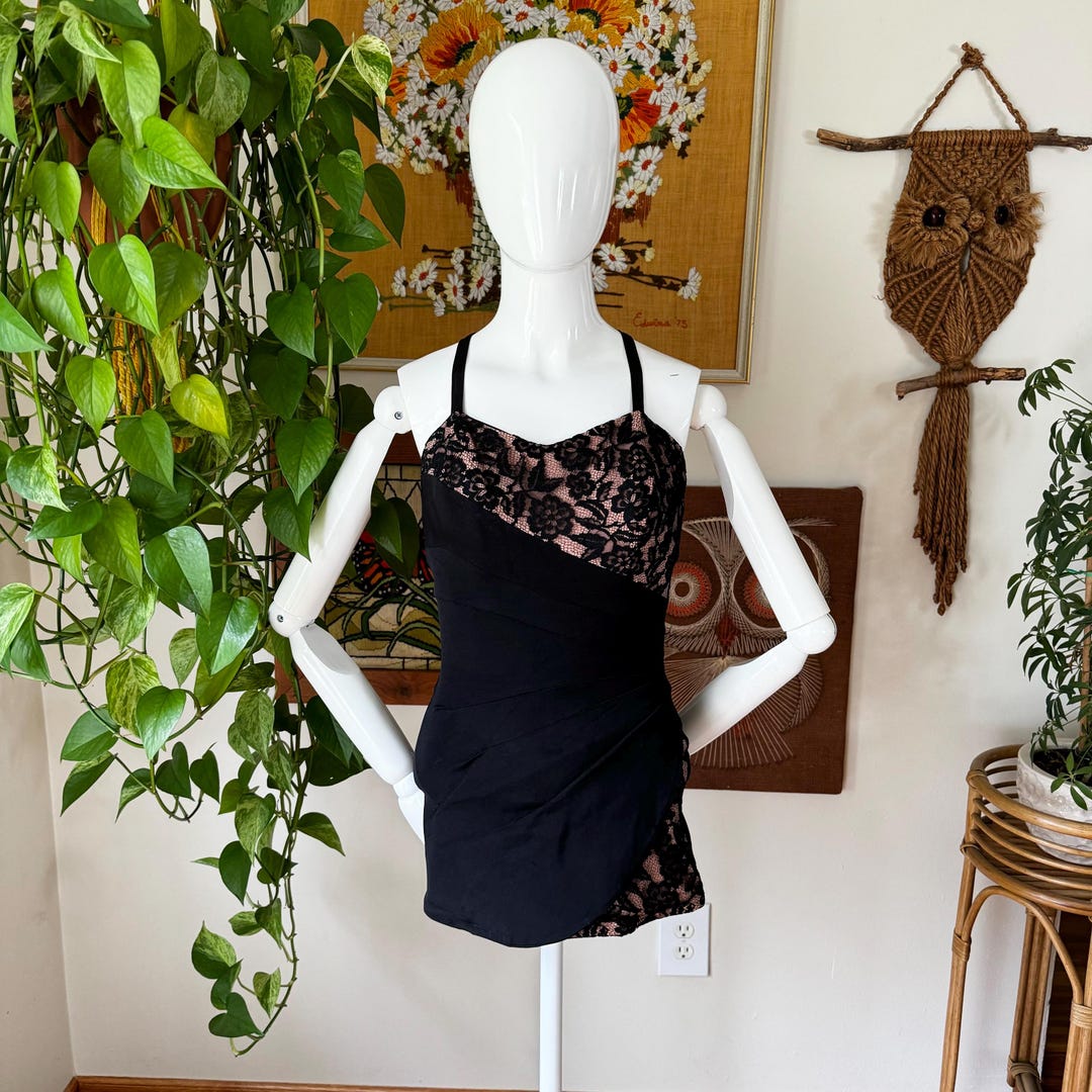 50s Vintage ROSE MARIE REID Black and Rose Pink Lace One Piece Swimsuit ...