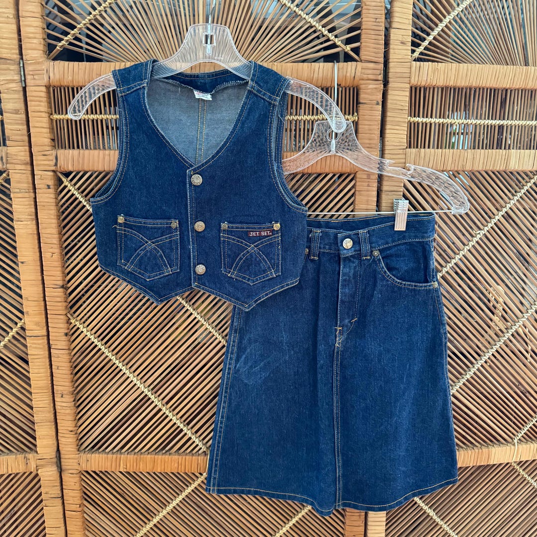 70s Vintage JET SET Western Denim Vest and Matching A-line Jean Skirt ...