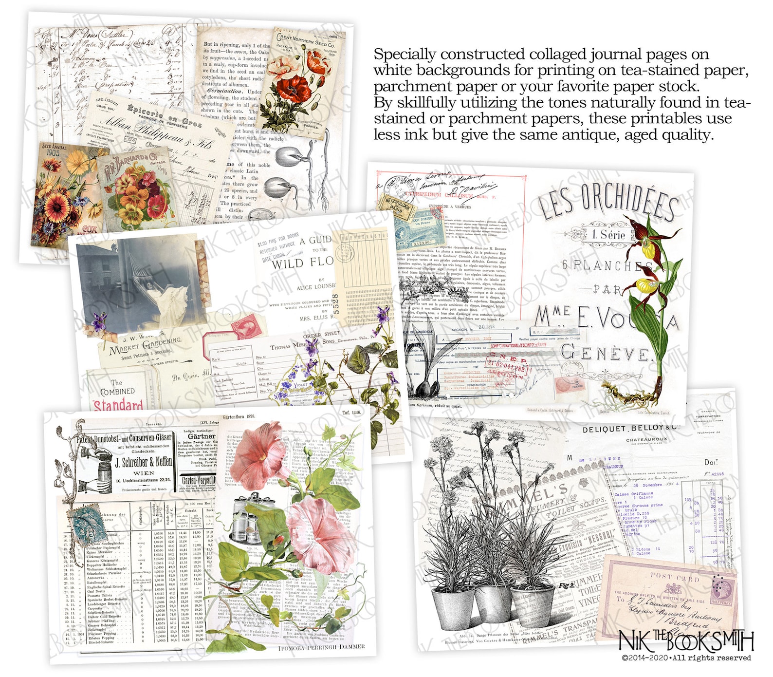 Collage Collection Kit #2 - 5 INK SAVING Images to Print on Tea Stained ...