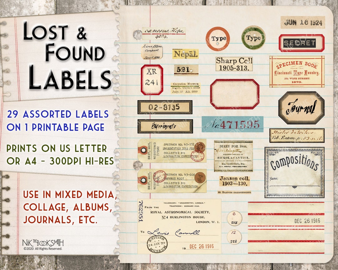 Lost and Found Labels - Set of 29 Assorted Vintage Printable Labels (1 ...