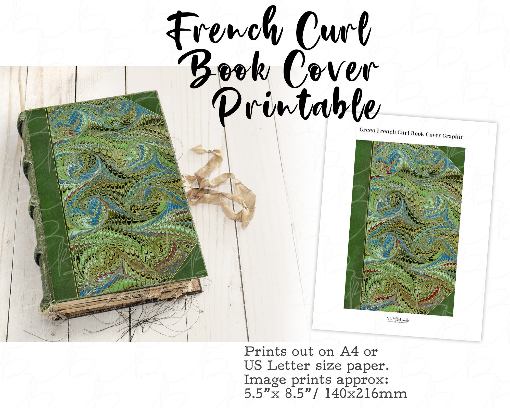 French Curl Marbled Book Cover Digital Book Cover Printable - Etsy