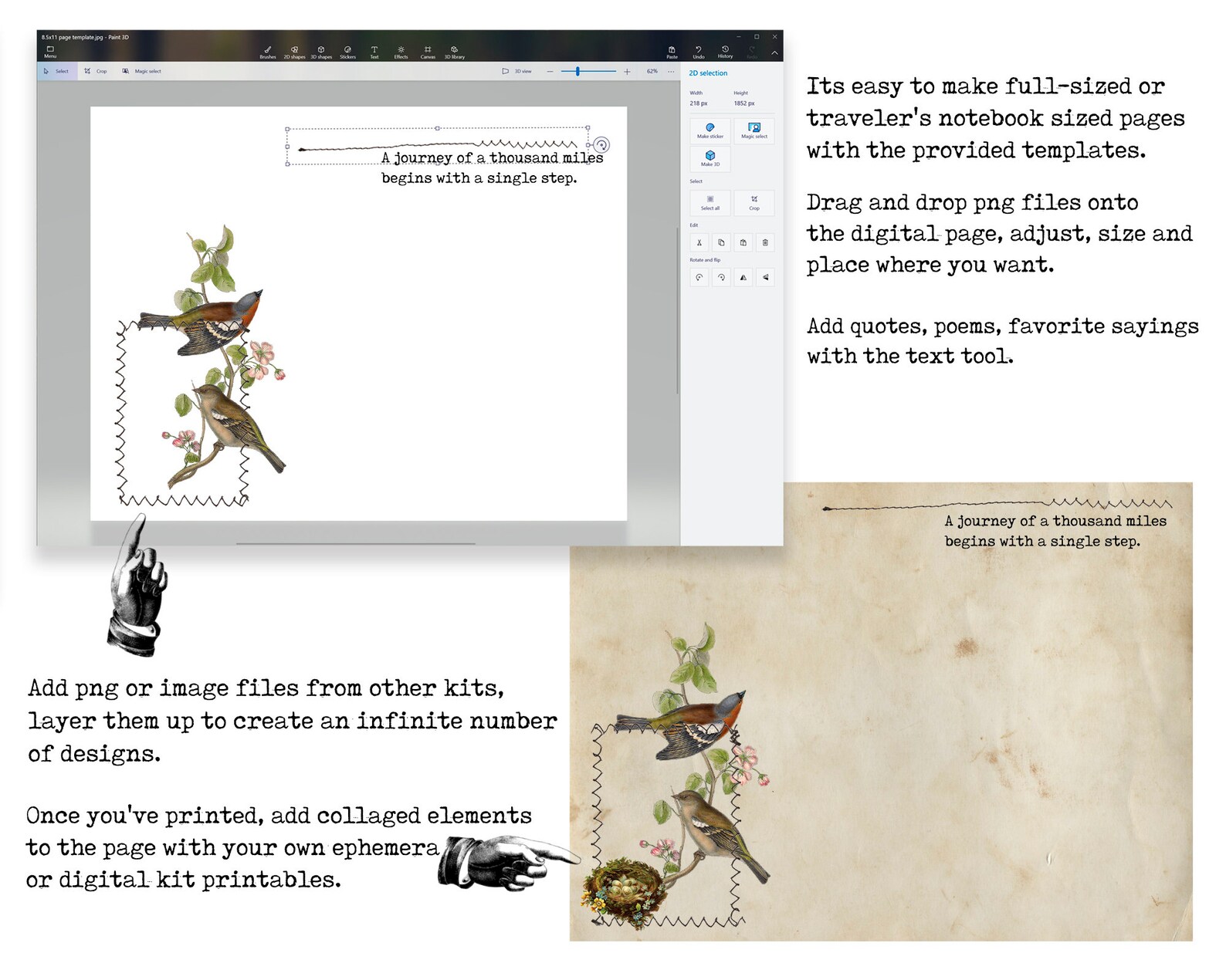 Birds on Branches PNG Digital Kit Bookmakers Journal - Etsy