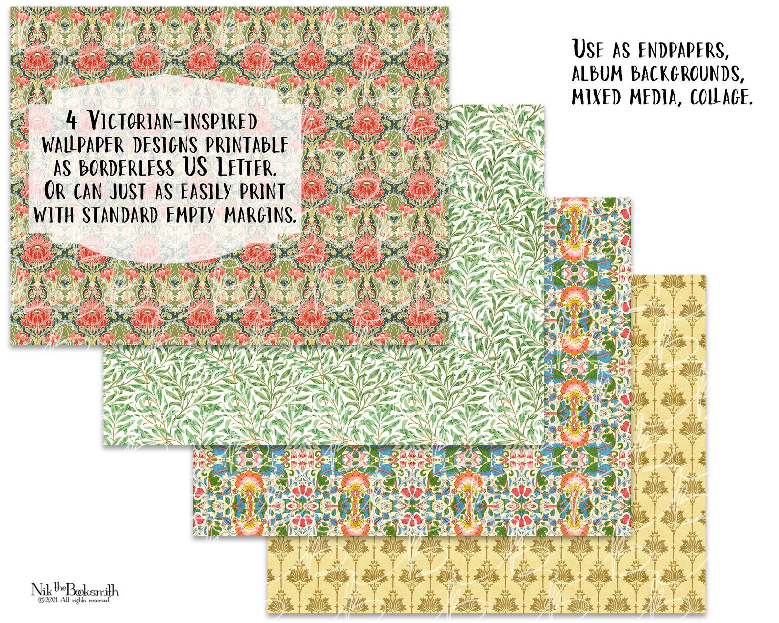 Victorian Wallpapers - Set of 4 Printable Pages for Endpapers, Collage ...