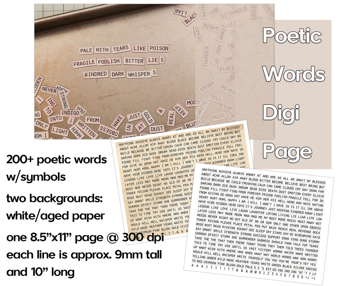 Poetic Words - 1 Digital Page in 2 Backgound Styles to Print for ...