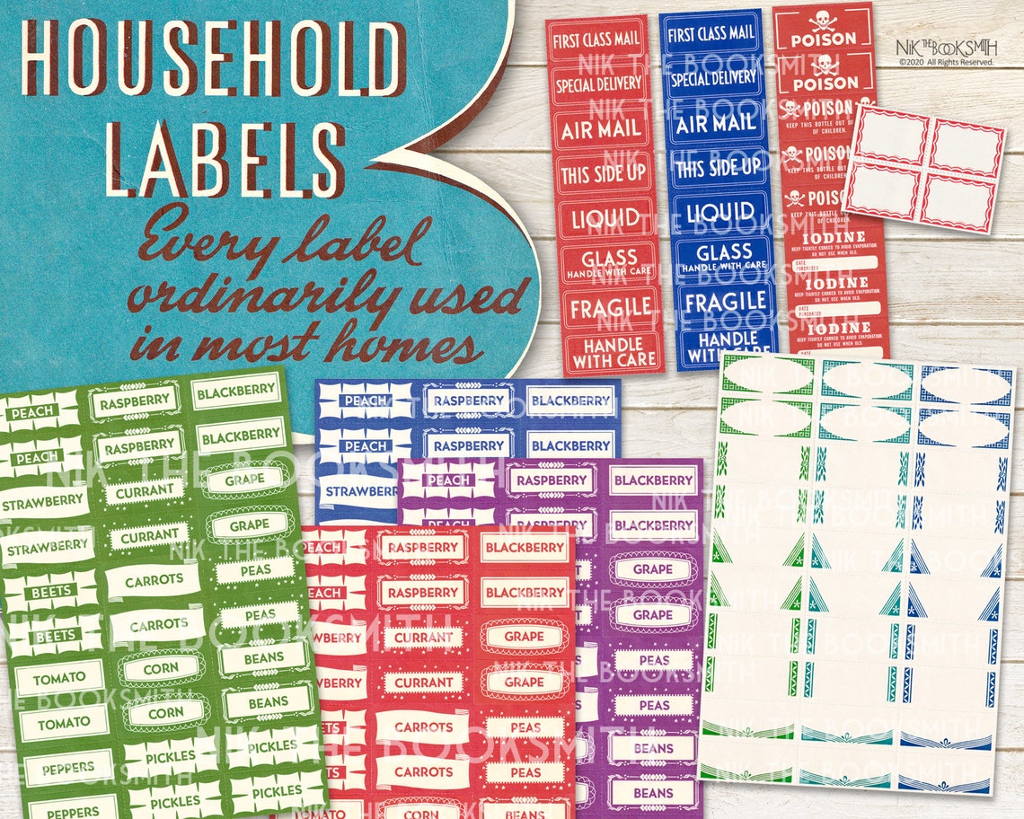 Retro Household Labels 7 Pages of Printable Labels Prints - Etsy