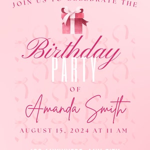 Pink Editable Birthday Invitations Template Printable Pink Bow Birthday ...