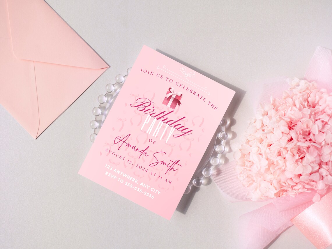 Pink Editable Birthday Invitations Template Printable Pink Bow Birthday ...