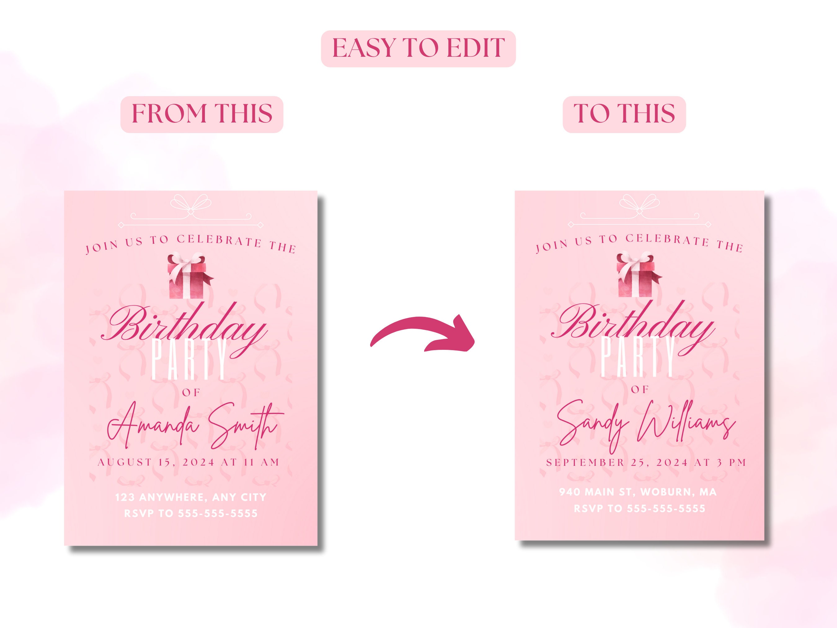 Pink Editable Birthday Invitations Template Printable Pink Bow Birthday ...
