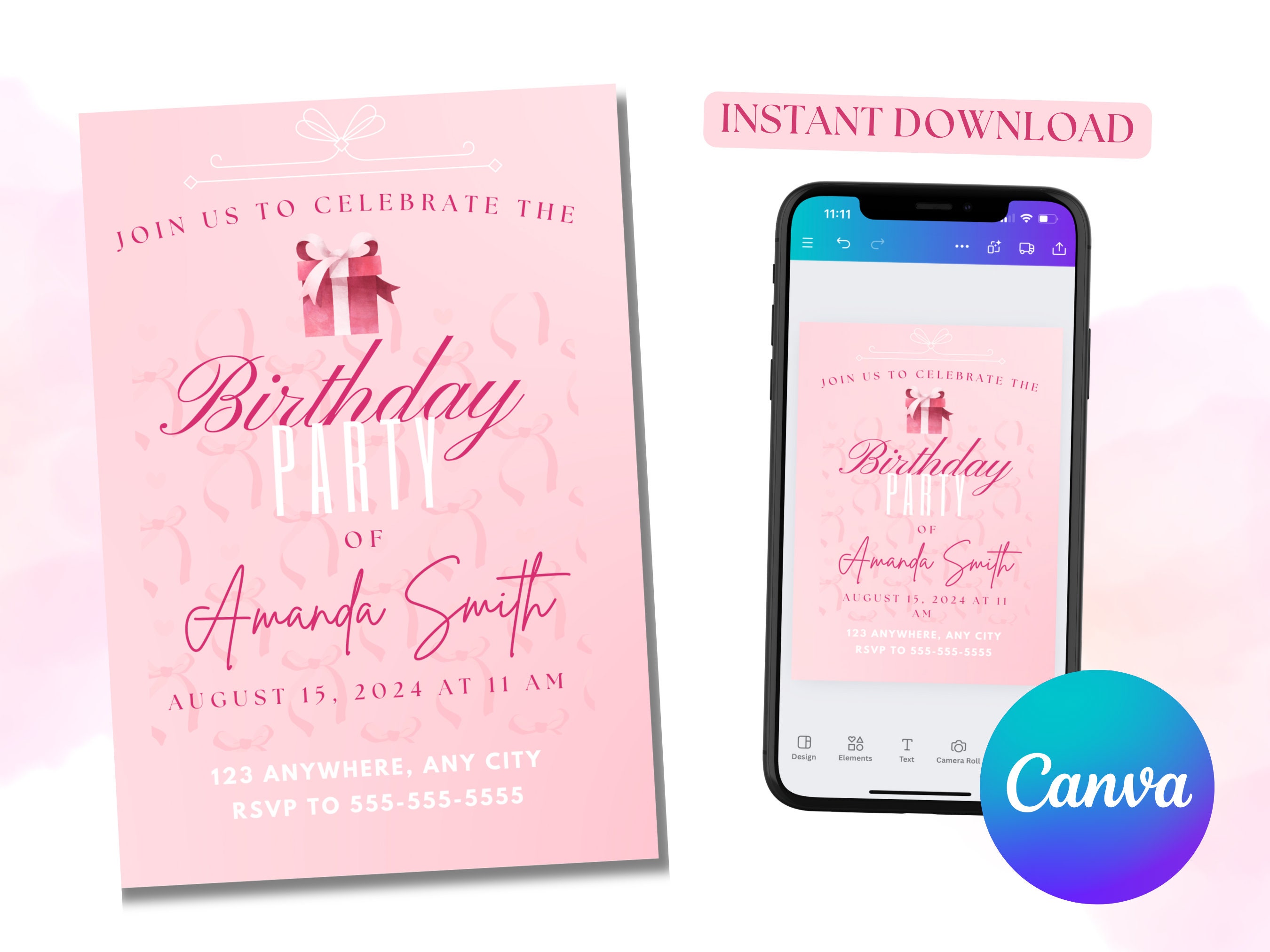 Pink Editable Birthday Invitations Template Printable Pink Bow Birthday ...