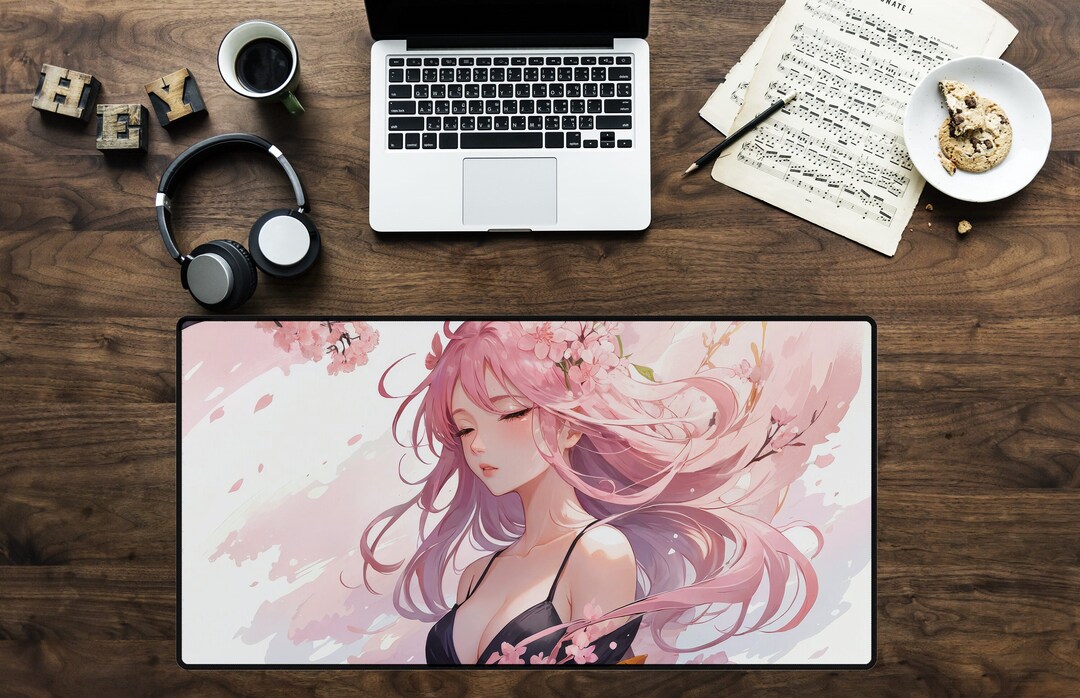 Sakura Anime Girl Desk Mat, Flowers Desk Mat, Cherry Blossom Desk Pad ...