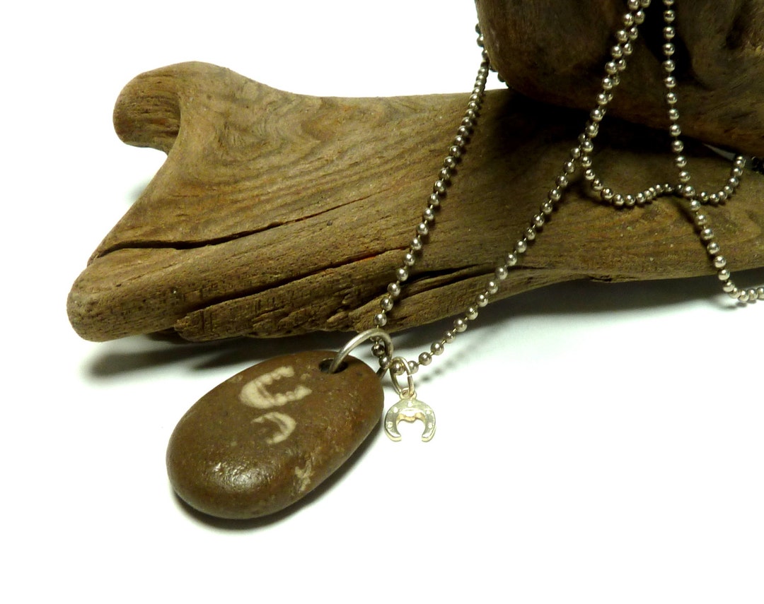 LUCKY Beach Stone River Rock Sterling Necklace Pebble Ancient Crinoid ...